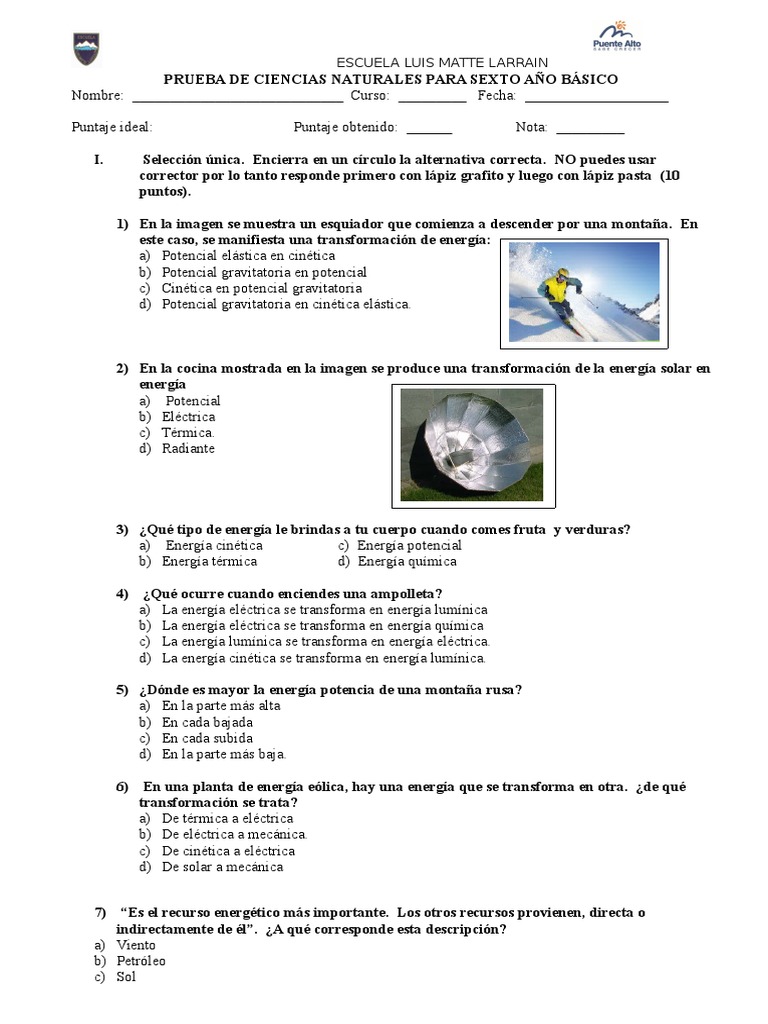 Prueba de Ciencias: La Energía 6° Básico | PDF | Energía cinética | Agua