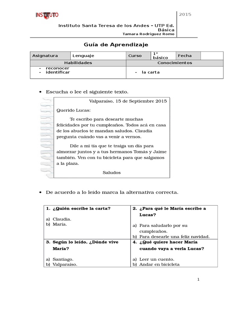 La Carta (Comprension Lectora) | PDF