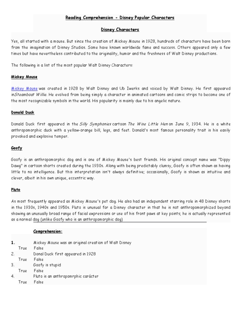 Reading Comprehension - Disney Popular Characters Disney Characters | PDF