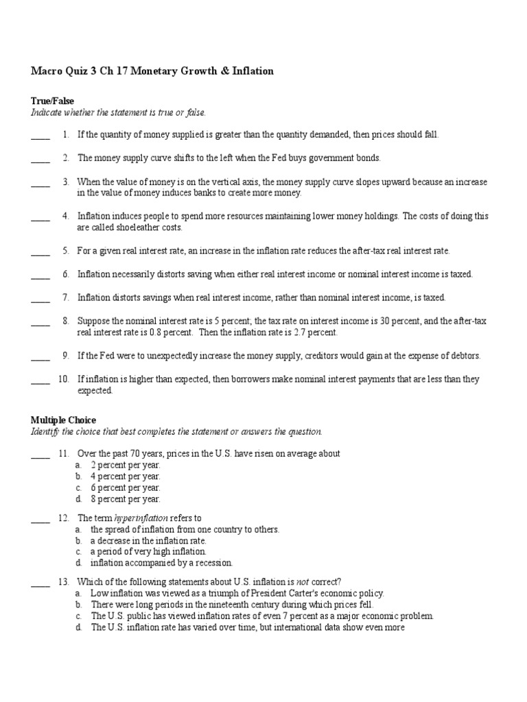 Monetary Growth and Inflation Quiz | PDF | Inflation | Real Interest Rate