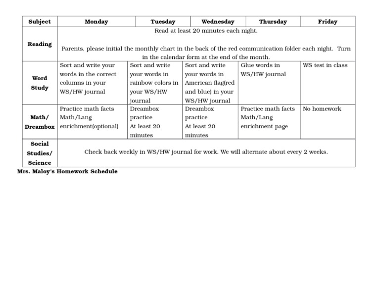 2nd Grade Homework Schedule 2015-2016 | PDF