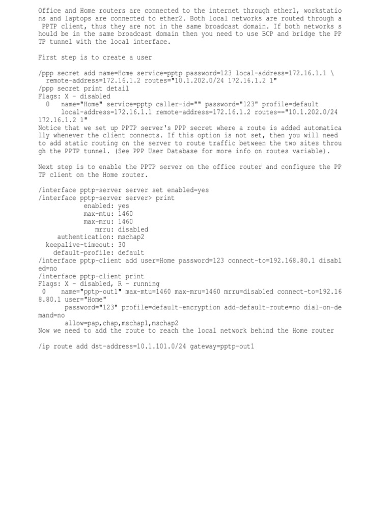 Mikrotik PPTP Site To Site | PDF