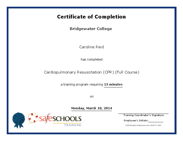 Certificate of Completion For Cardiopulmonary Resuscitation CPR Full ...