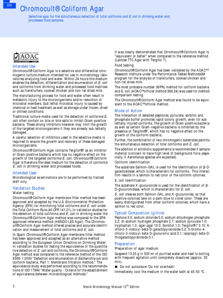 Agar para Coliformes Chromocult | PDF | Colony Forming Unit | Growth Medium