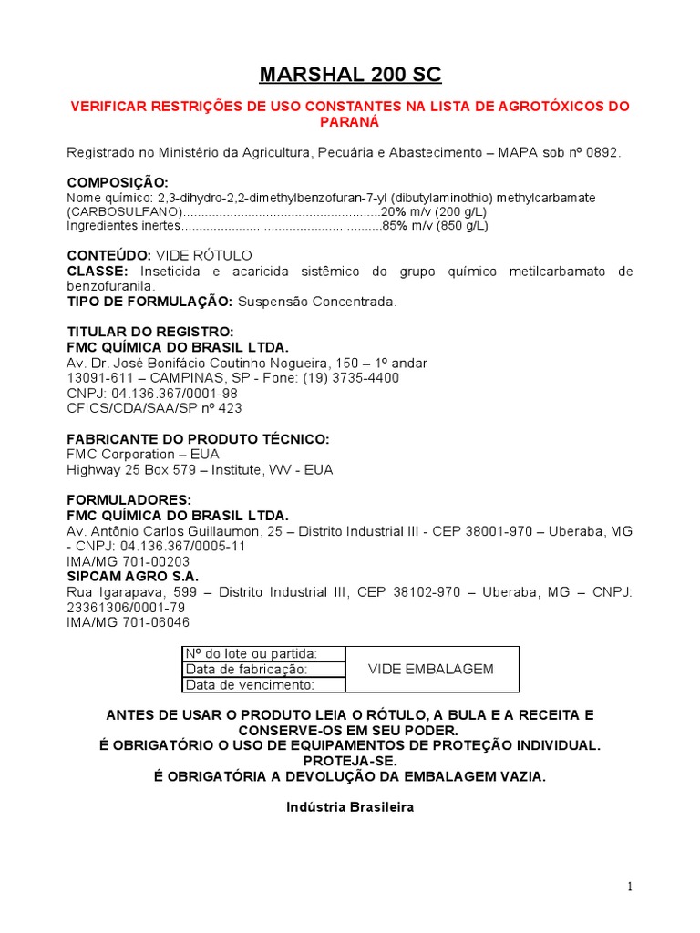 Marshal 200 SC - Bula | PDF | Embalagem e rotulagem | Inseticida