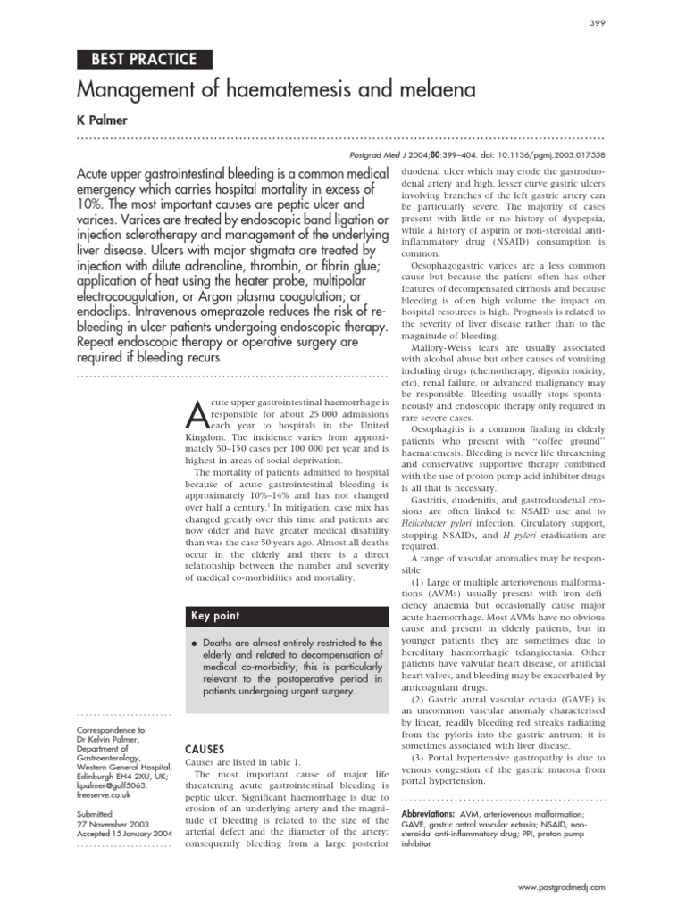 Management of haematemesis and melaena: Best Practice | Peptic Ulcer ...