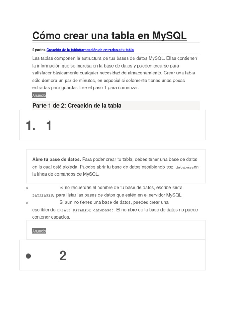 Cómo Crear Una Tabla en MySQL | PDF | Tabla (base de datos) | Mi sql