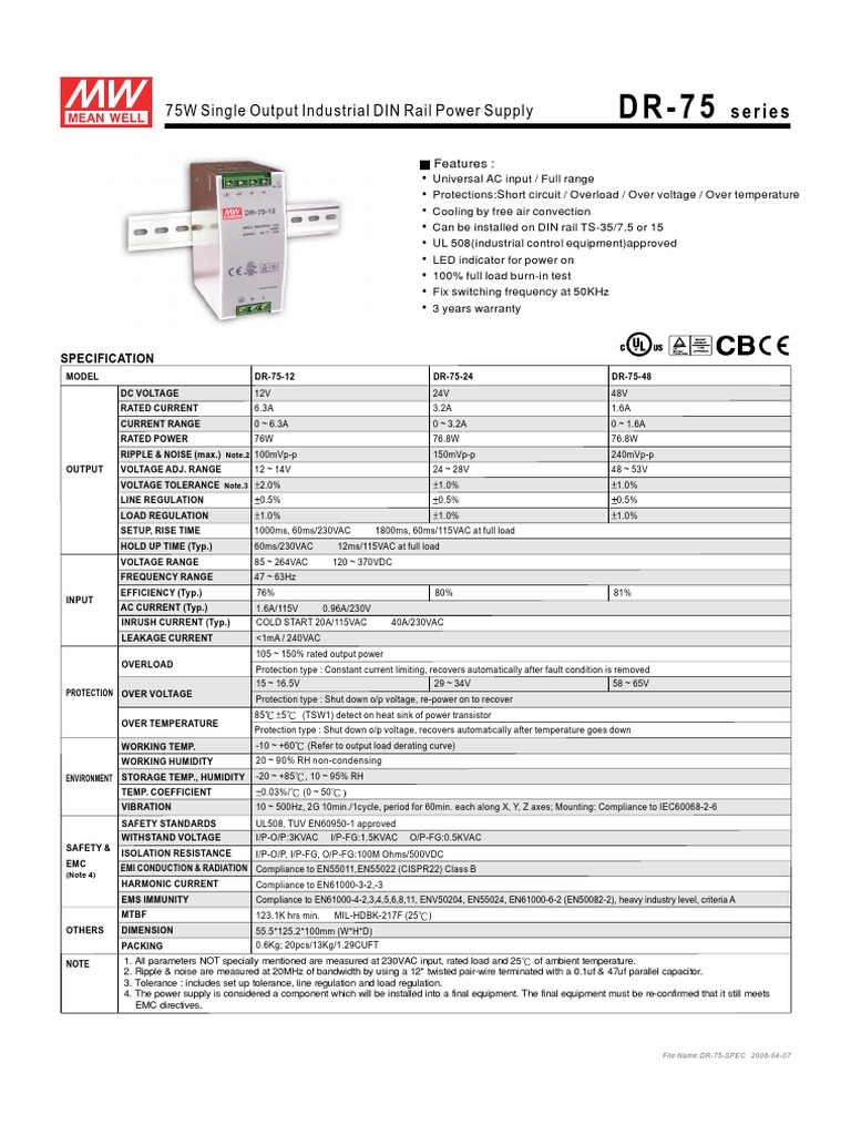 75W Single Output Industrial DIN Rail Power Supply: Series | PDF | Power Supply | Rectifier