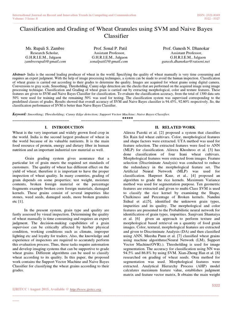 Classification and Grading of Wheat Granules Using SVM and Naive Bayes Classifier | PDF ...