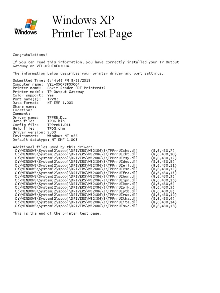 Windows XP Printer Test Page | PDF