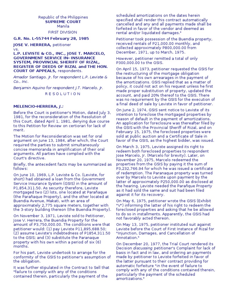 Jose v. Herrera vs. Leviste, G.R. No. 55744, February 28, 1985 | PDF ...