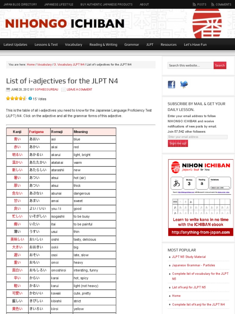List of I-Adjectives For The JLPT N4 - NIHONGO ICHIBAN | PDF