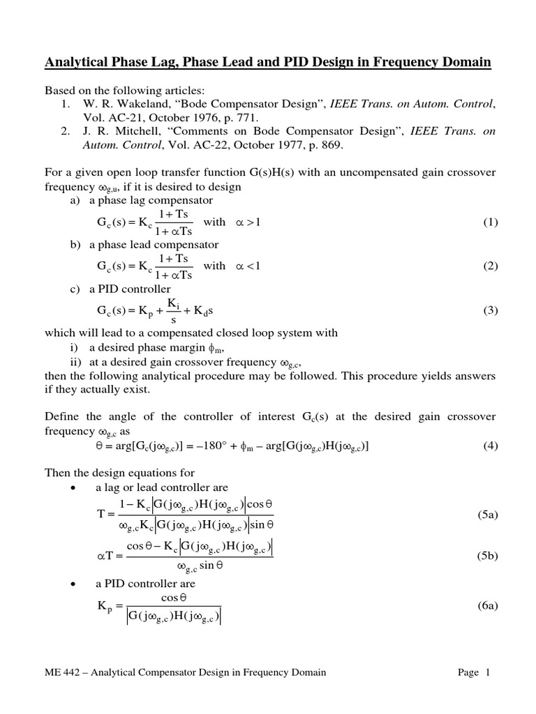 Analytical Phase Lag, Phase Lead and PID Design in Frequency Domain ...