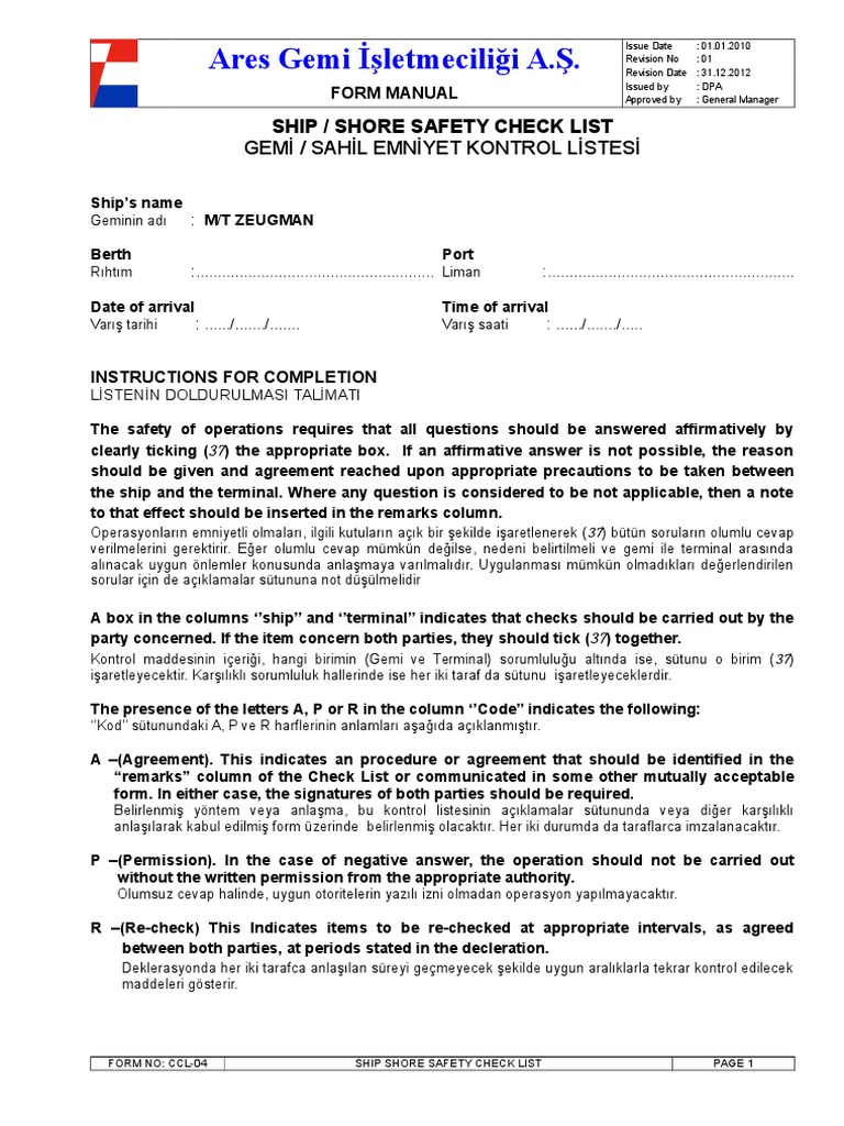 Shıp Shore Safety Checklıst | PDF