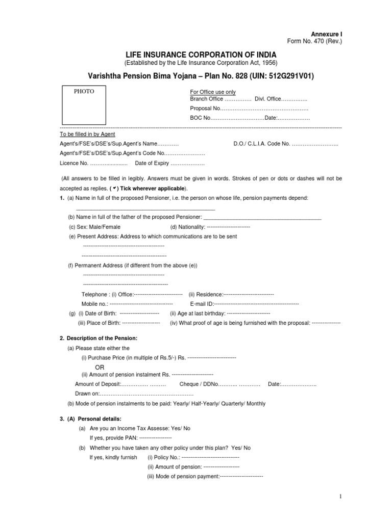 Varishtha Pension Bima Yojana Proposal Form - PDF 463333275 | PDF ...