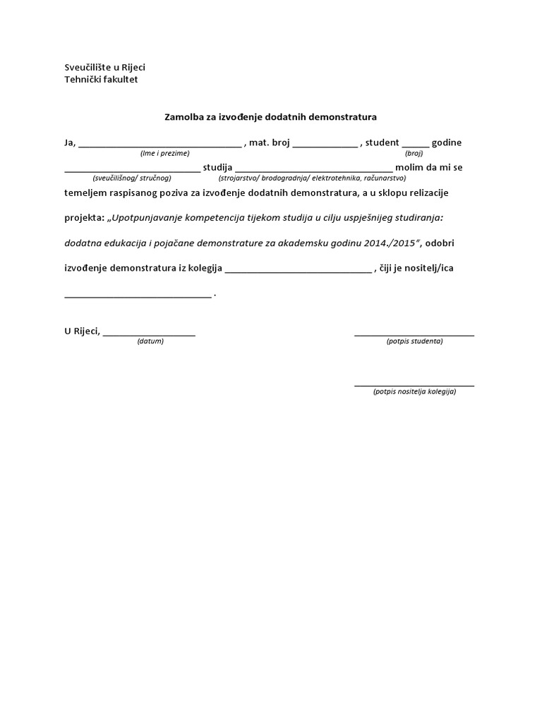 OBRAZAC Zamolba Za Dodjelu Demonstratura | PDF