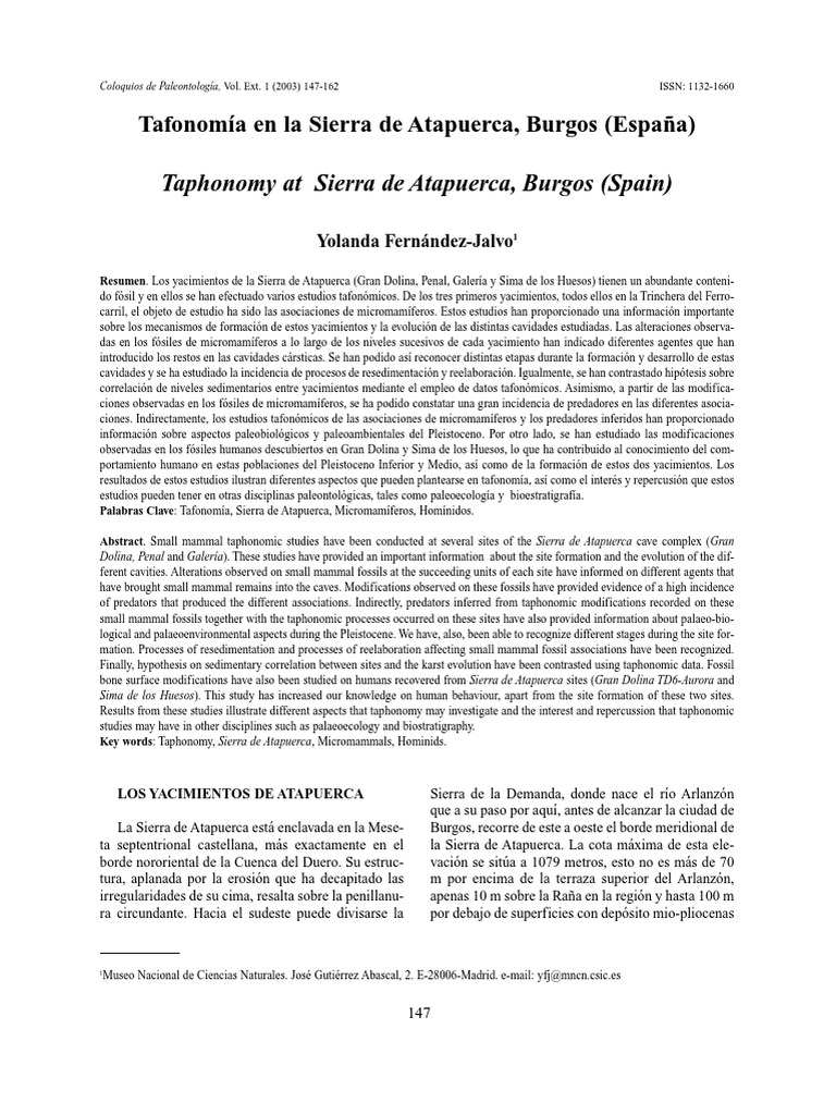 Tafonomía en Yacimientos de Atapuerca | PDF | Fósil | Arqueología