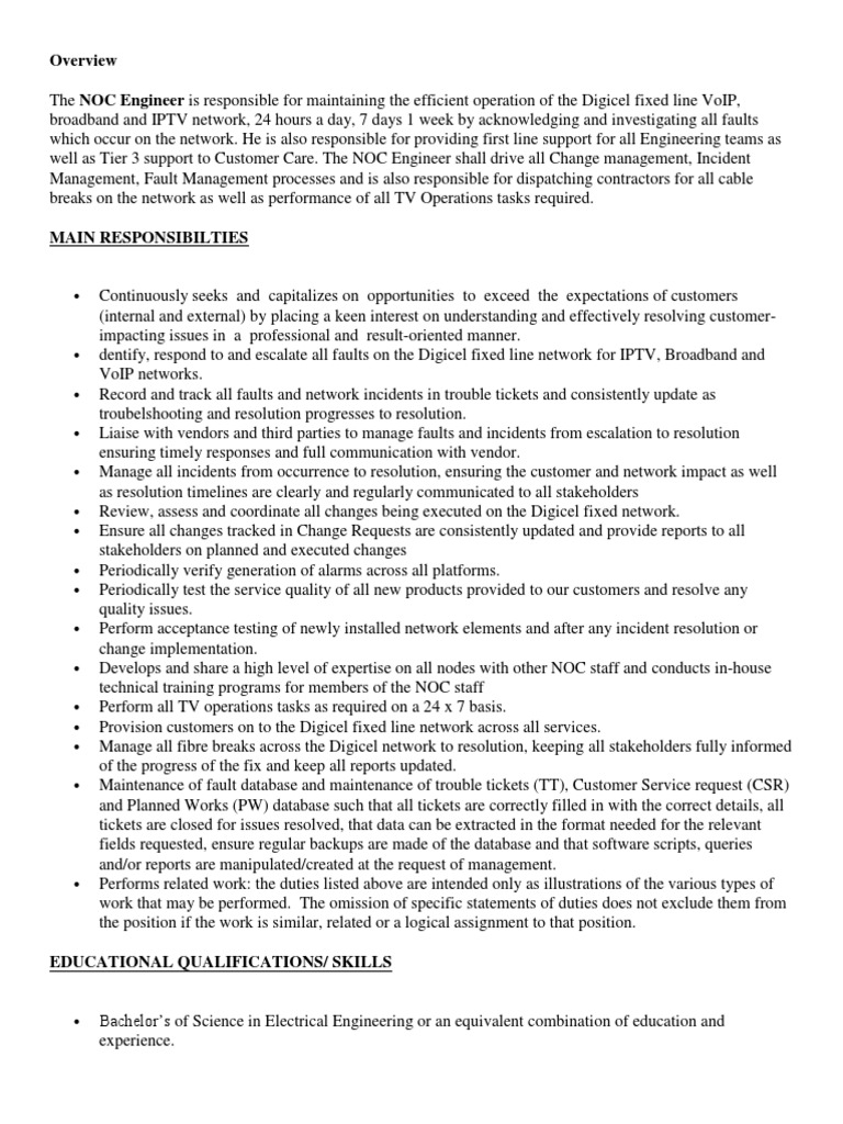NOC Engineer Role Overview and Responsibilities | PDF | Iptv | Databases
