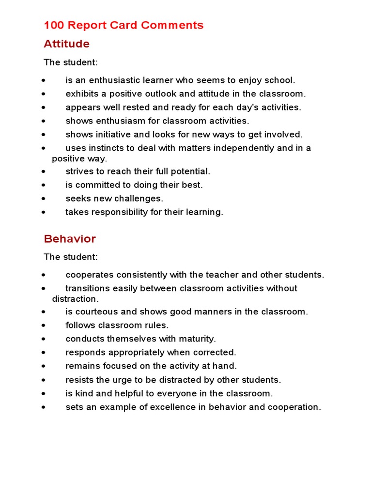 100 Report Card Comments.docx | Homework | Conversation