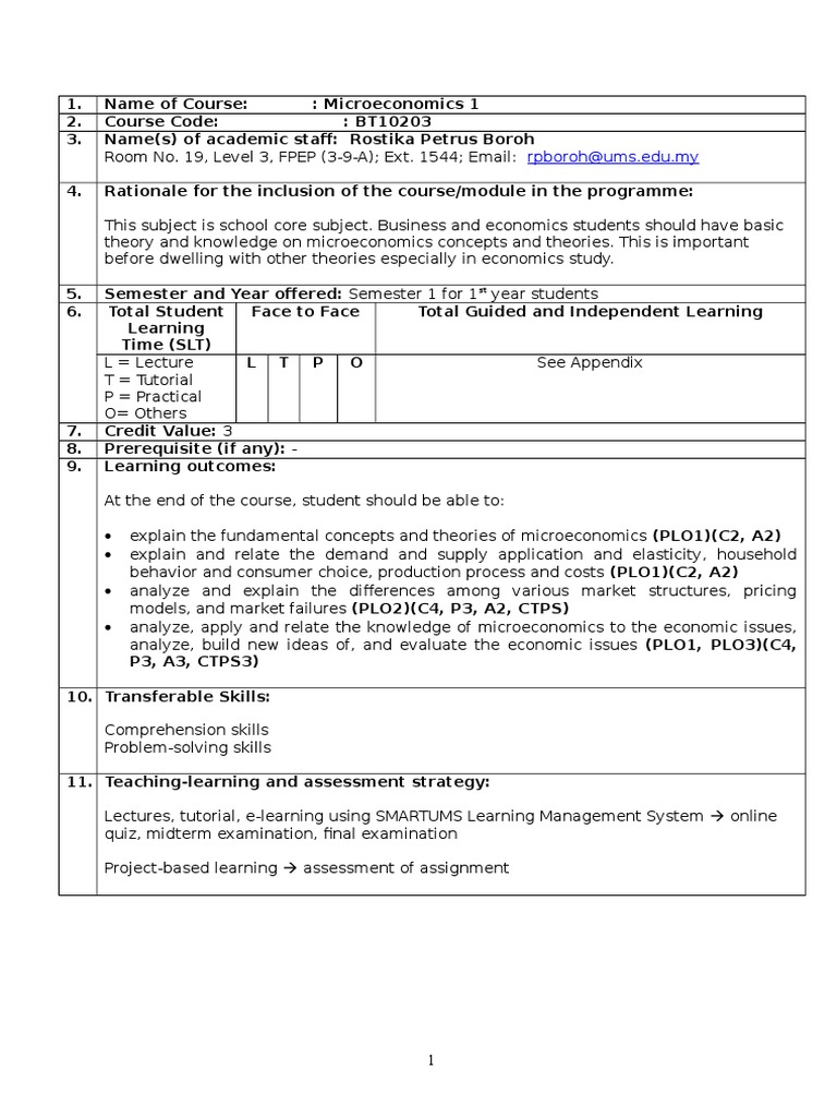BT10203 Microeconomics-Course Outline | PDF | Long Run And Short Run ...