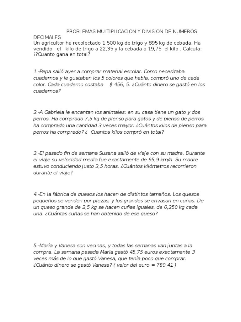 Problemas Multiplicacion y Division de Numeros Decimales | PDF