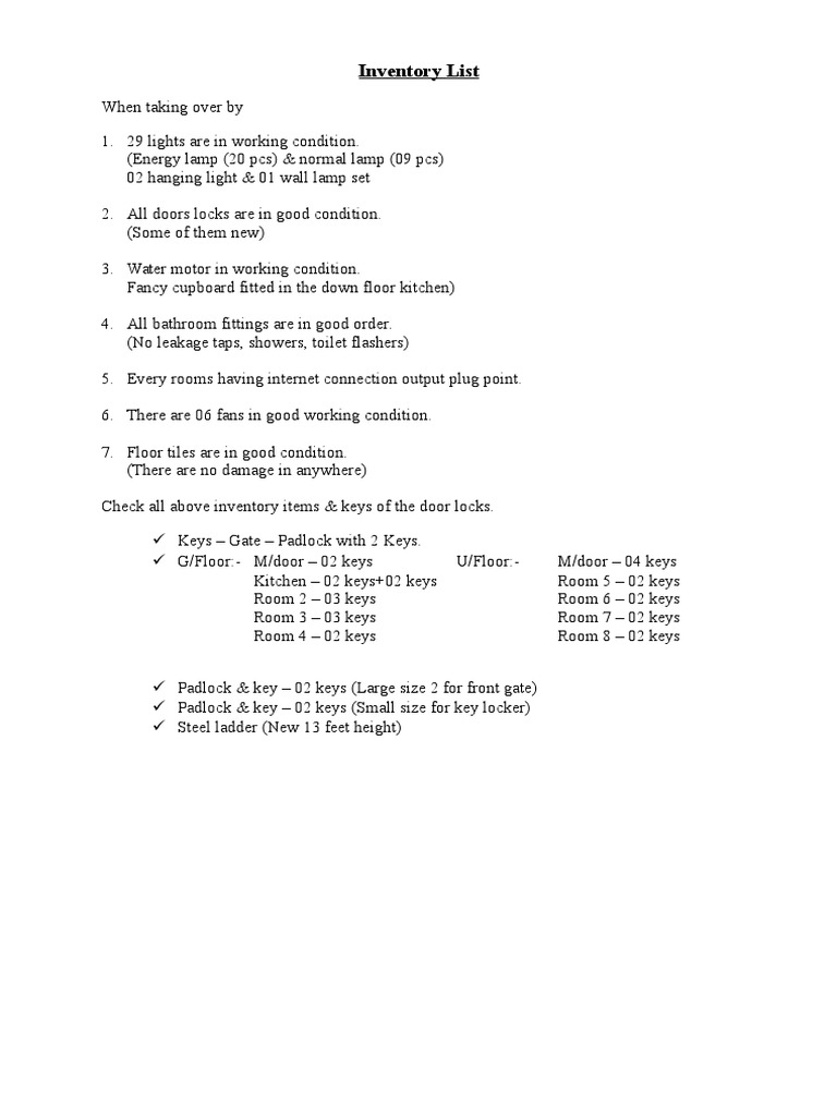 Property Inventory and Key List | PDF