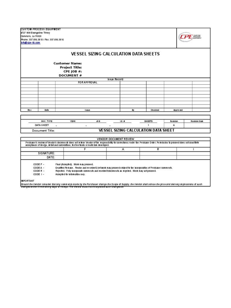 Vessel Sizing Calculation Data Sheets: Customer Name: Project Title ...