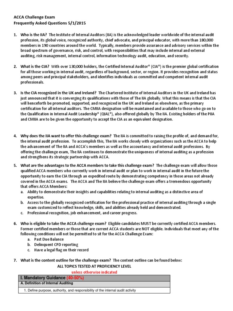ACCA Challenge Exam FAQ | Internal Audit | Audit