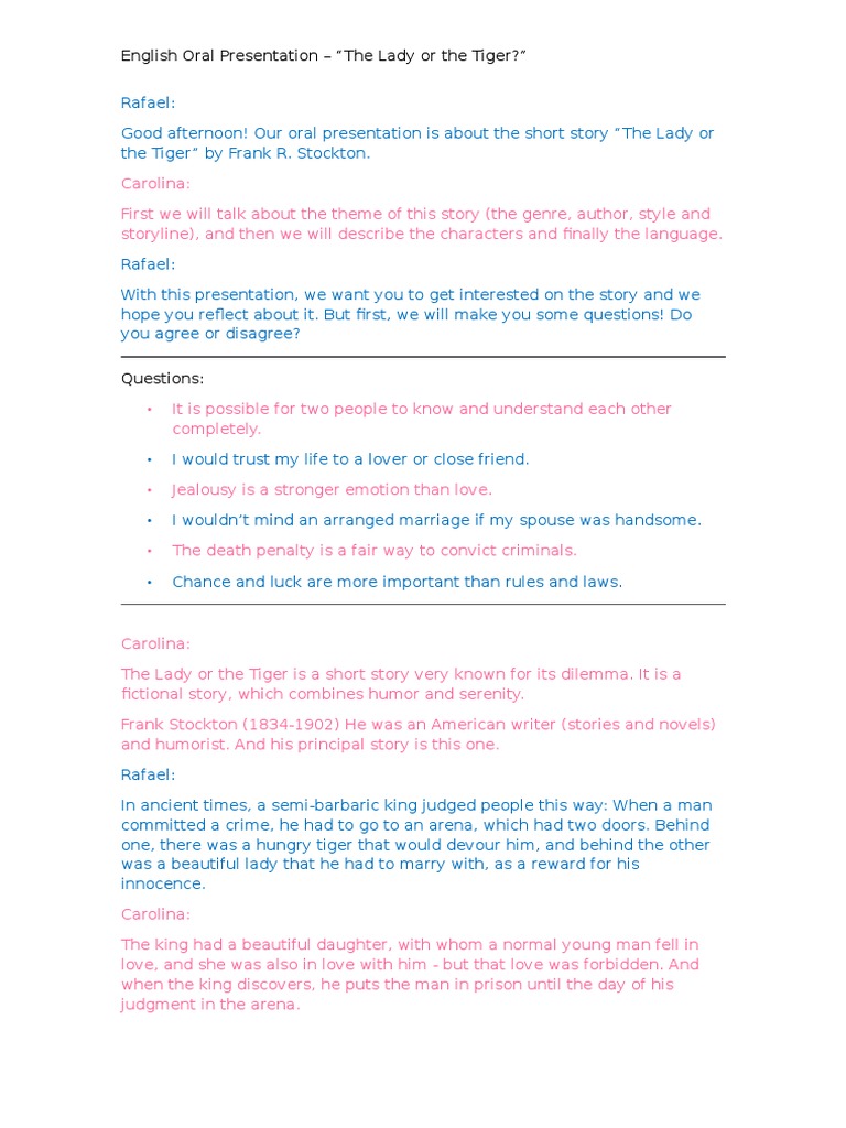 The Lady or The Tiger - Guide | PDF | Mystery, Thriller & Crime Fiction