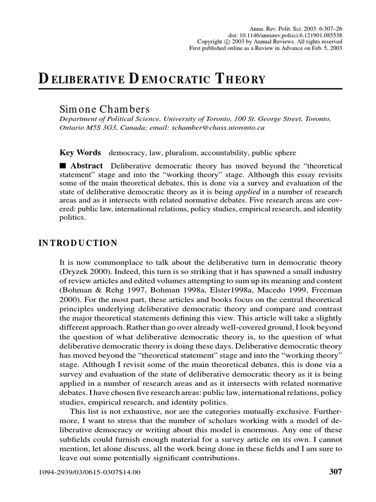 CHAMBERS - Deliberative Democracy Theory PDF | PDF | Deliberation | Deliberative Democracy