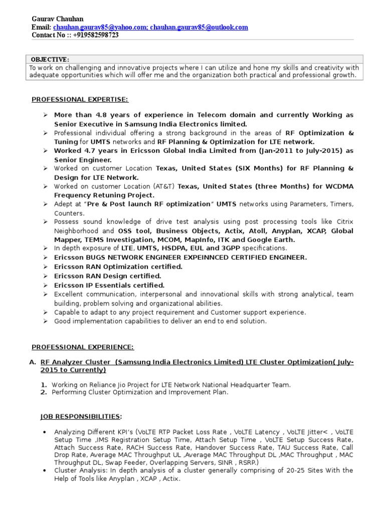 Telecom RF Optimization Expert Resume | PDF | Ericsson | Lte ...