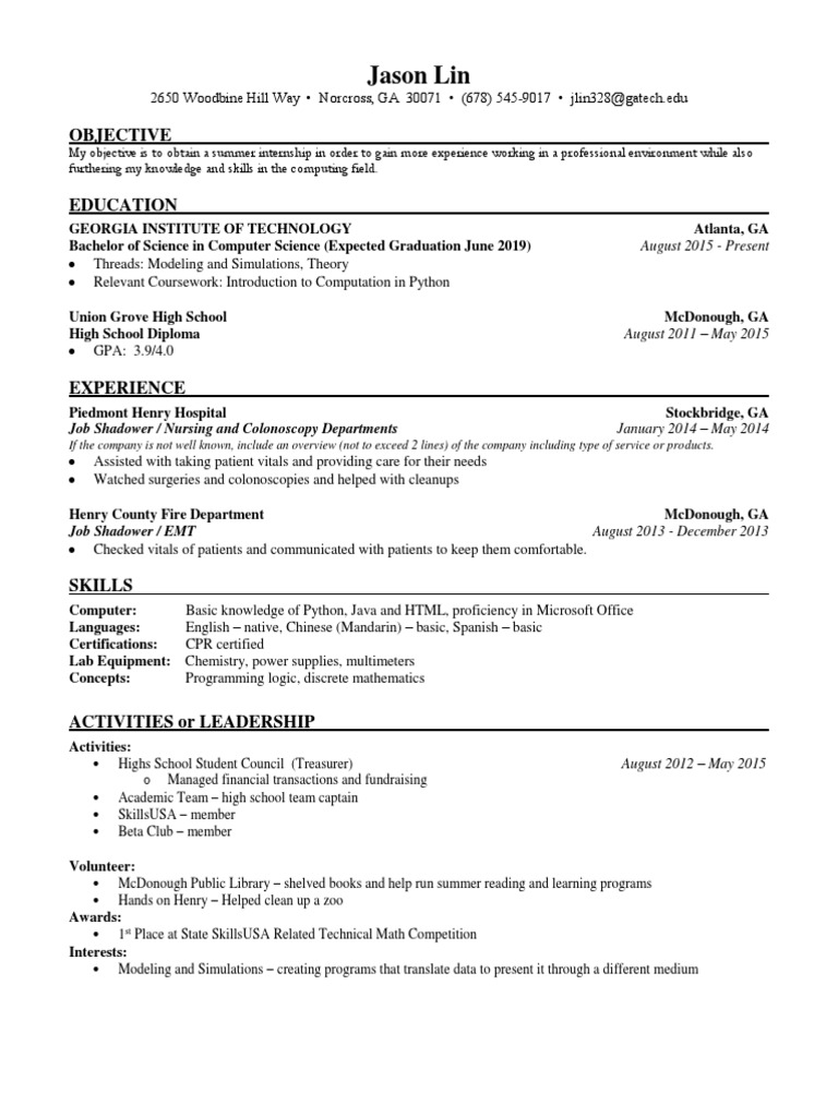 Summer Internship Resume: Jason Lin | PDF | Career & Growth | Business