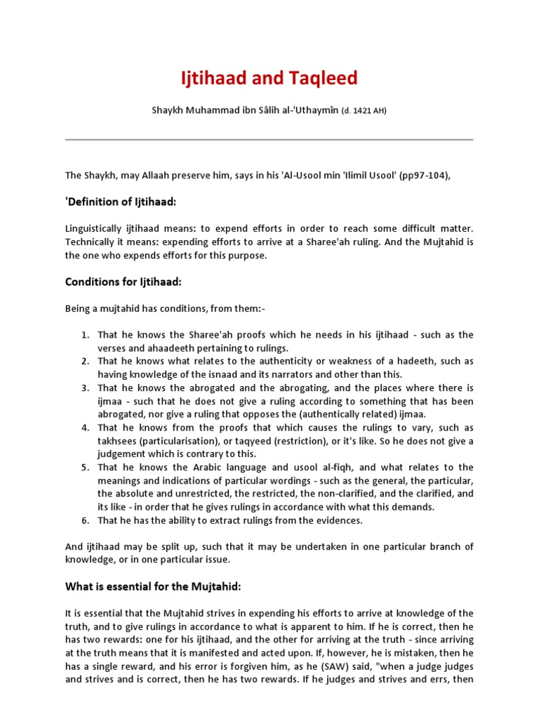 Explaining Ijtihaad and Taqleed - Ibn Uthaymeen | PDF | Hadith ...
