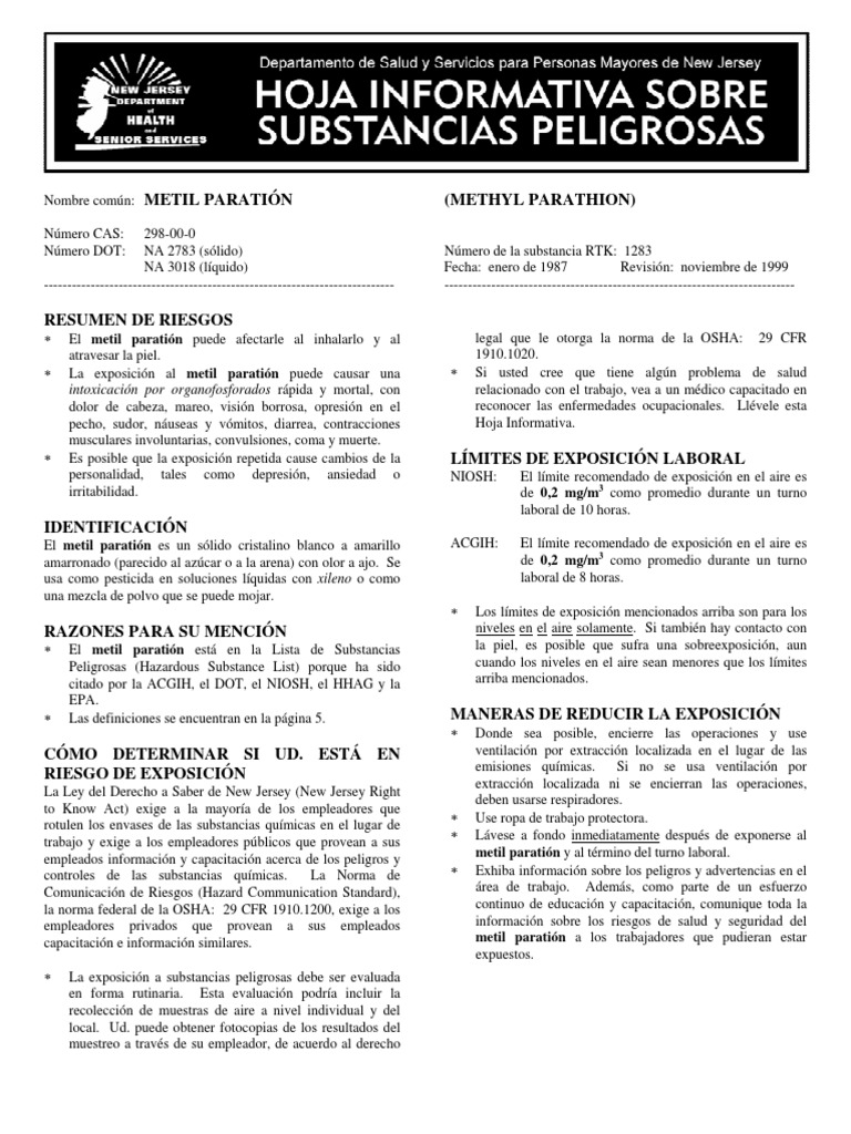Riesgos y Manejo del Metil Paratión | PDF | Administración de Seguridad ...