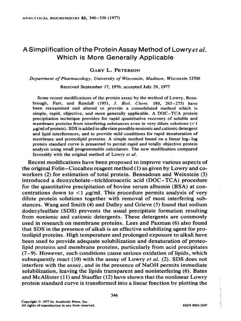 Simplified Lowry Protein Assay Method | PDF | Sodium Dodecyl Sulfate ...