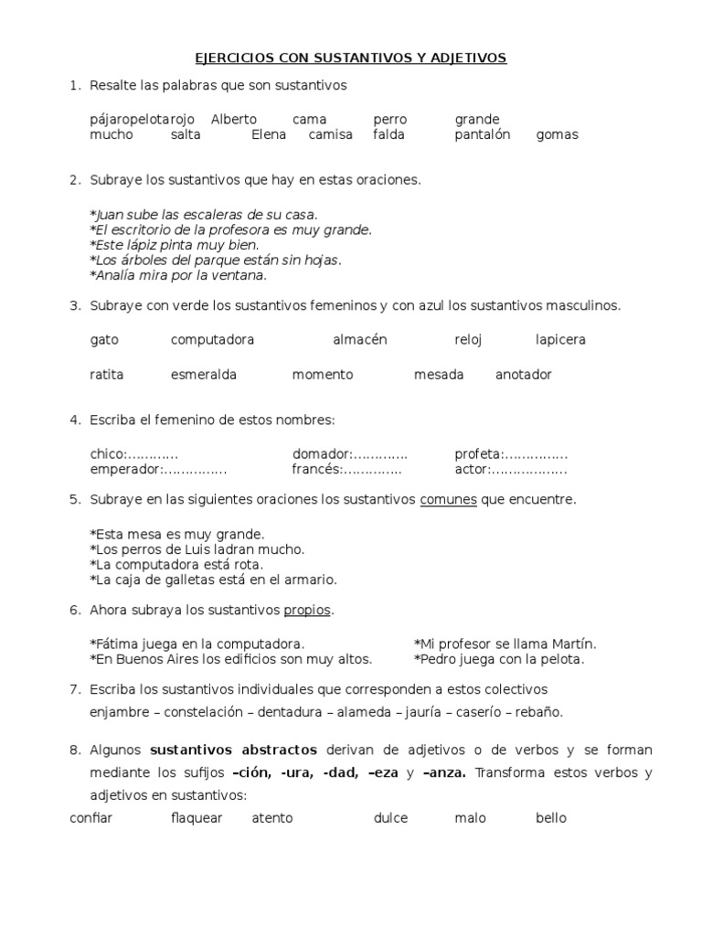 Ejercicios para practicar sustantivos y adjetivos | PDF | Adjetivo ...