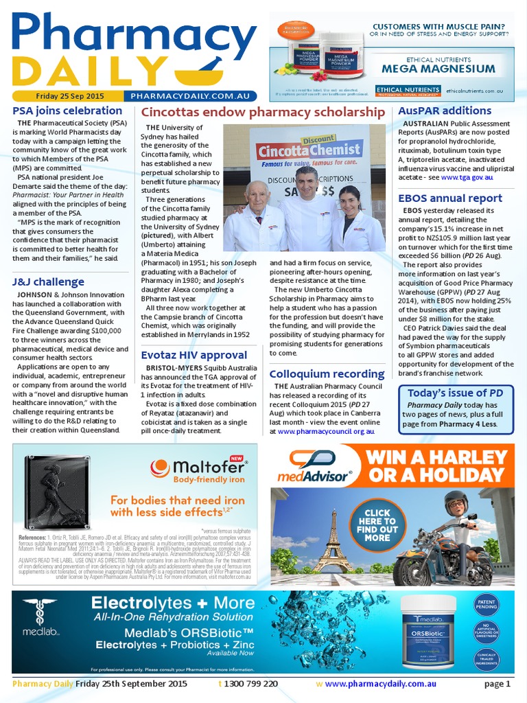 Pharmacy Daily For Fri 25 Sep 2015 - Cincottas Endow Pharmacy ...