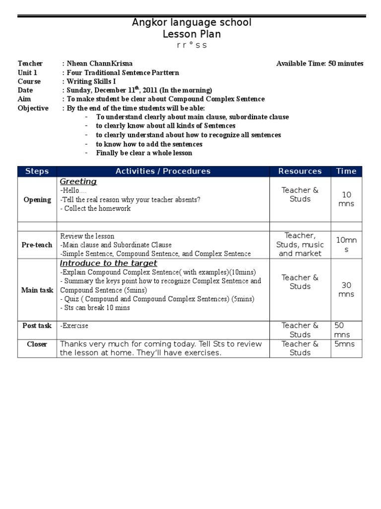 Lesson Plan For Writing Skill I | PDF | Workweek And Weekend | Sentence ...