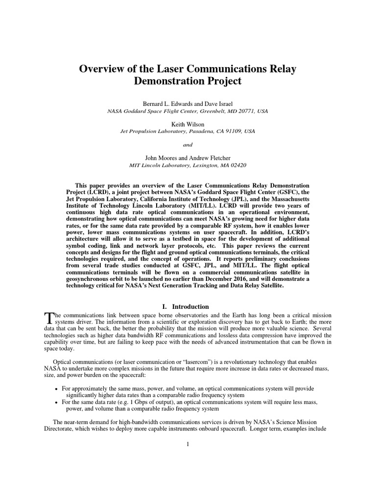 Overview of The Laser Communications Relay Demonstration Project | PDF | Goddard Space Flight ...