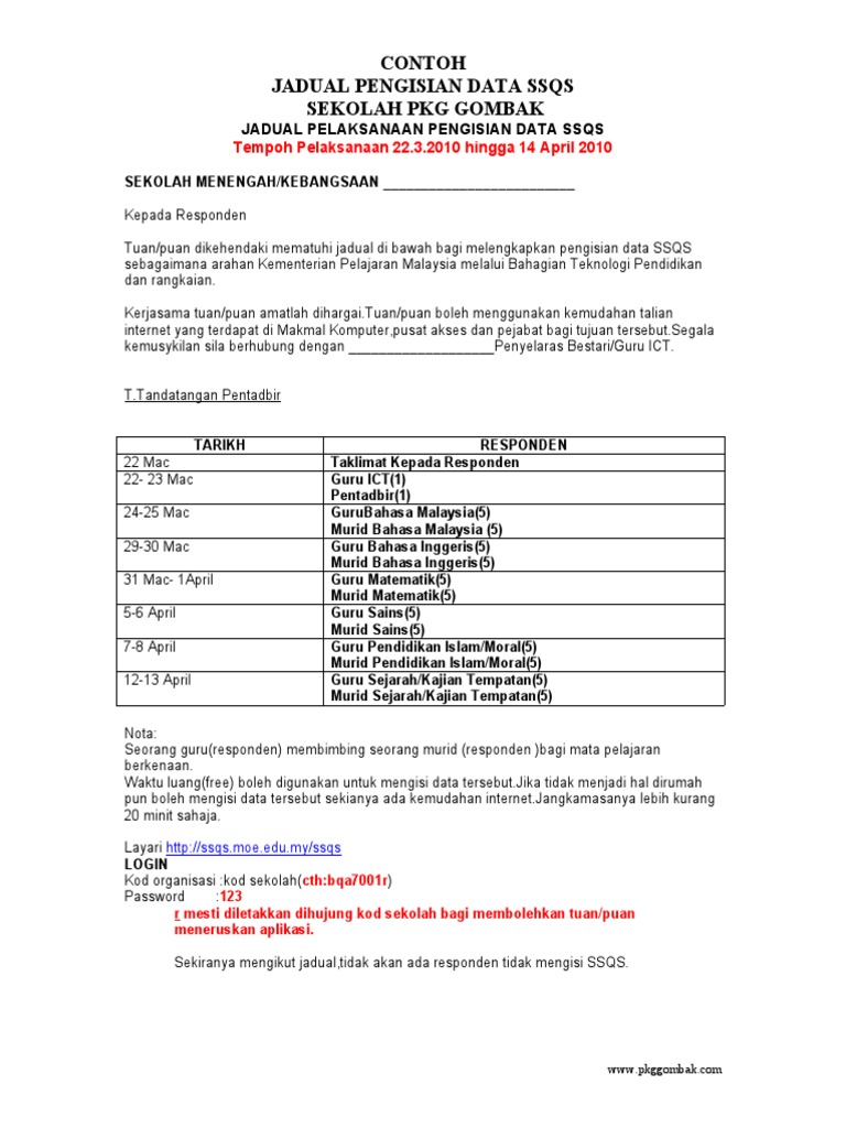 Contoh Jadual Pelaksanaan Pengisian Data Ssqs | PDF