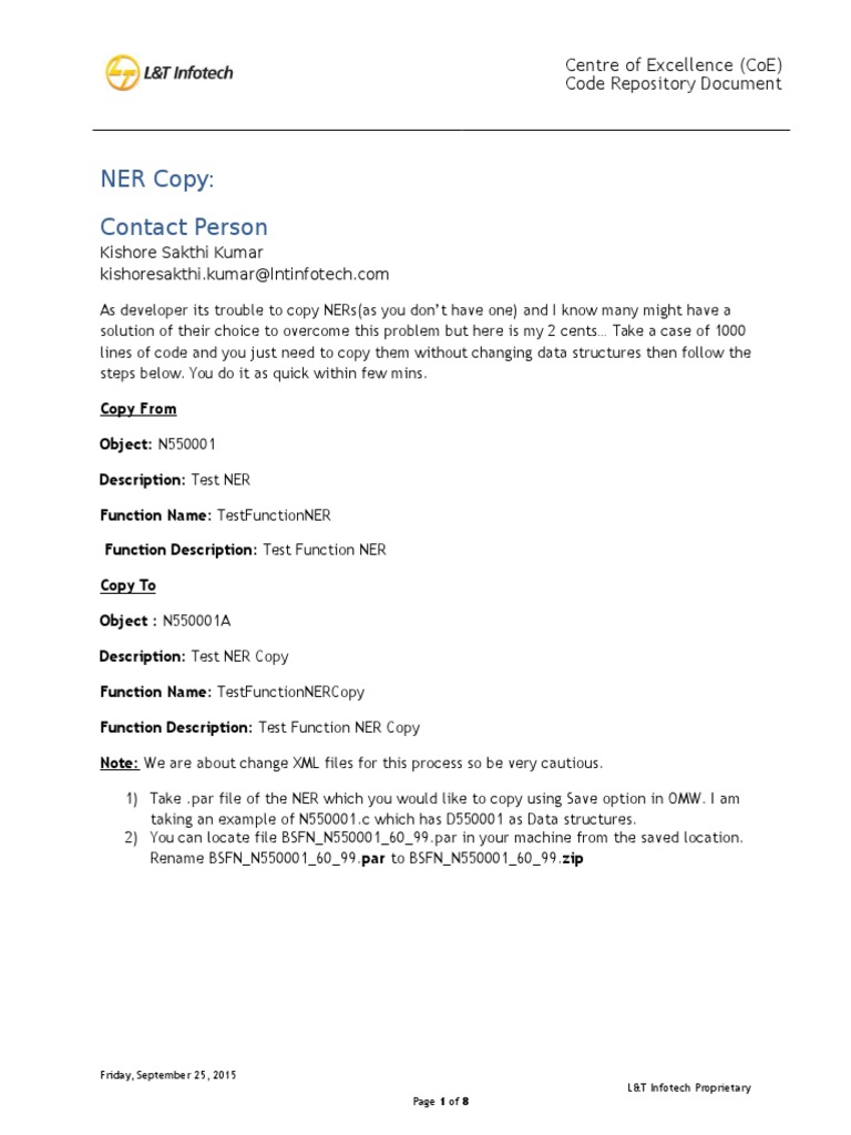 Ner Copy: Contact Person: Centre of Excellence (Coe) Code Repository ...