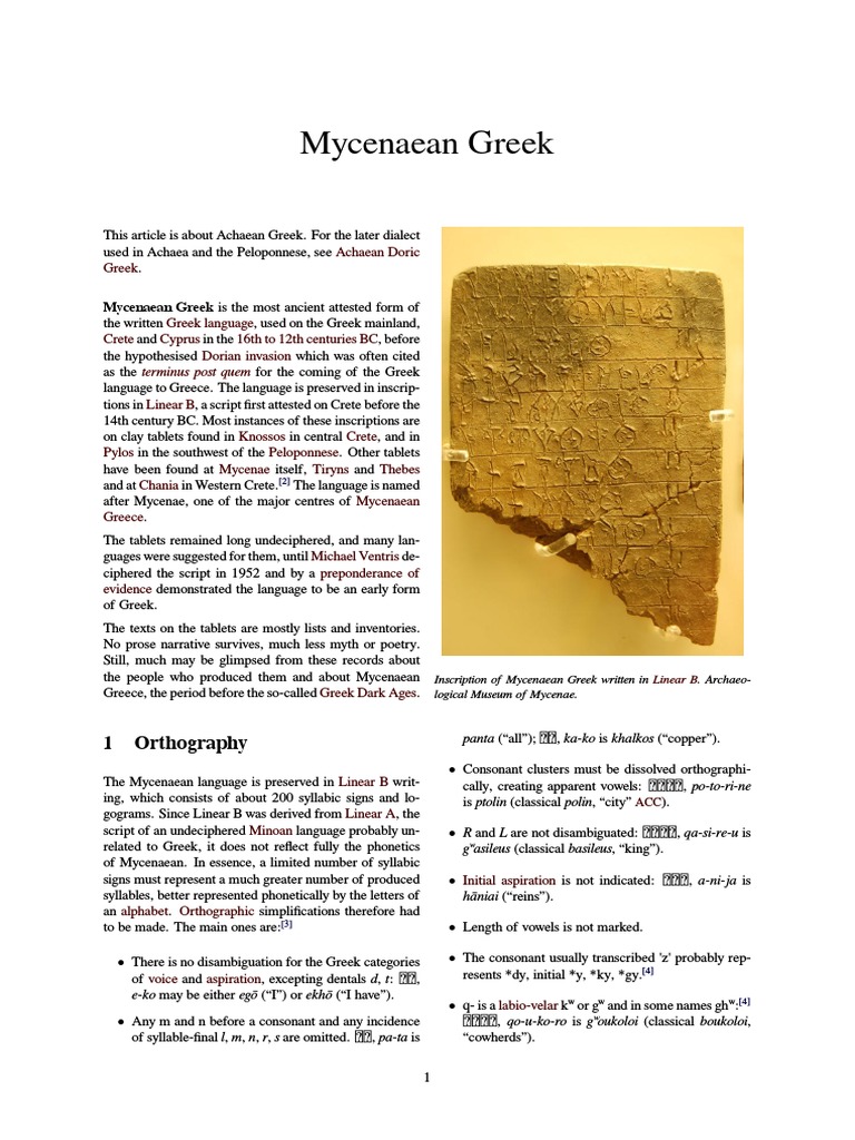 Mycenaean Greek: 1 Orthography | Download Free PDF | Philology ...