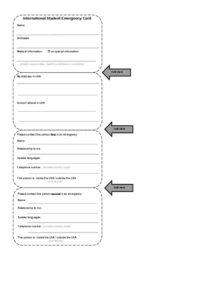 International Student Emergency Card Template | PDF | Self-Improvement