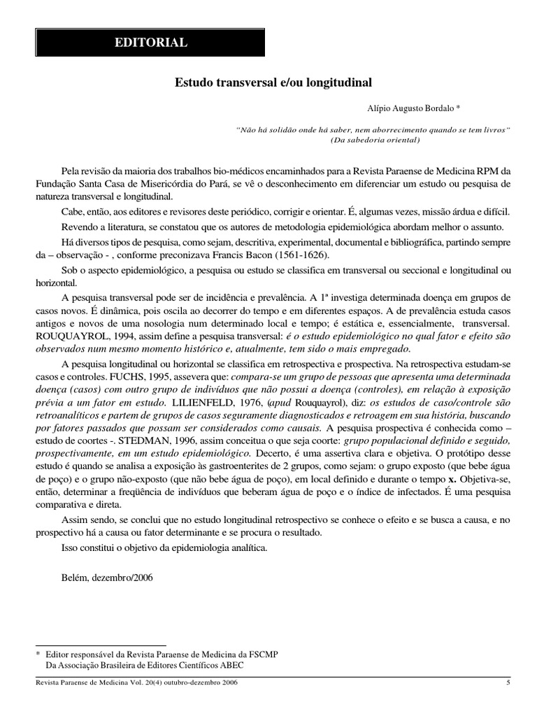 Estudo Transversal E-Ou Longitudinal | PDF | Epidemiologia | Science