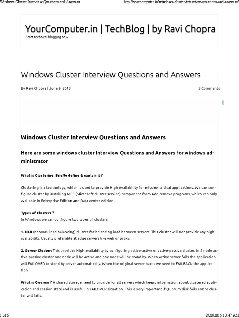 Windows Cluster Interview Questions And Answers Pdf Computer Cluster Windows Server 2003