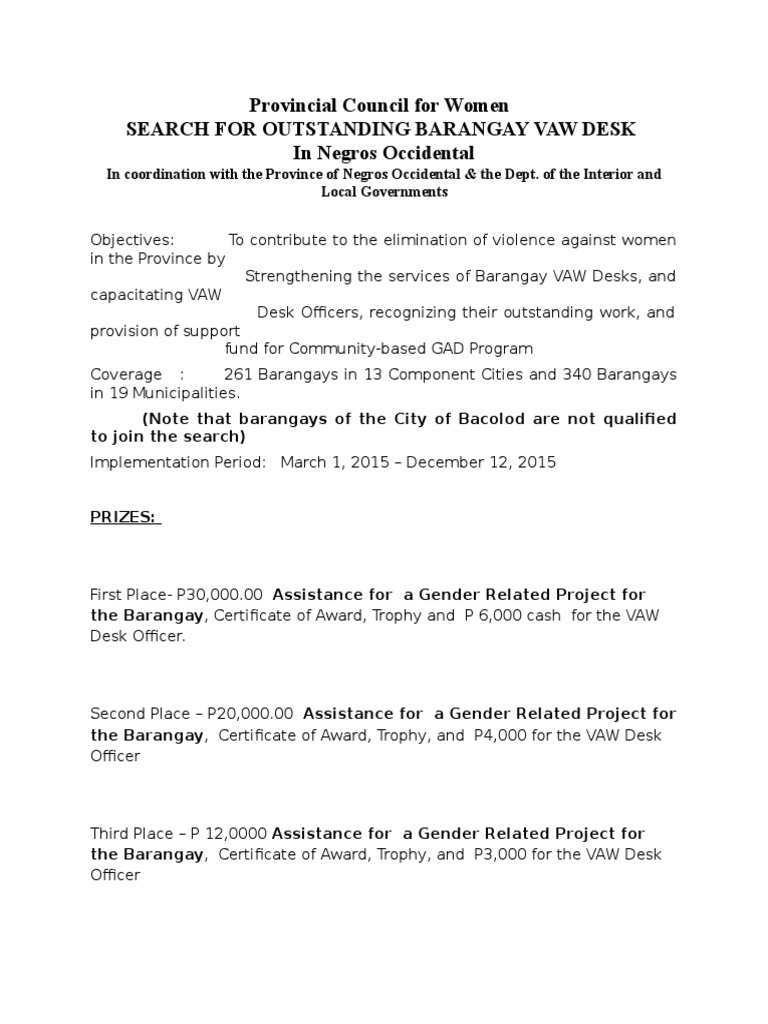 VAW Desk Assessment Tool For Best Barangay VAW Desk | PDF | Human ...