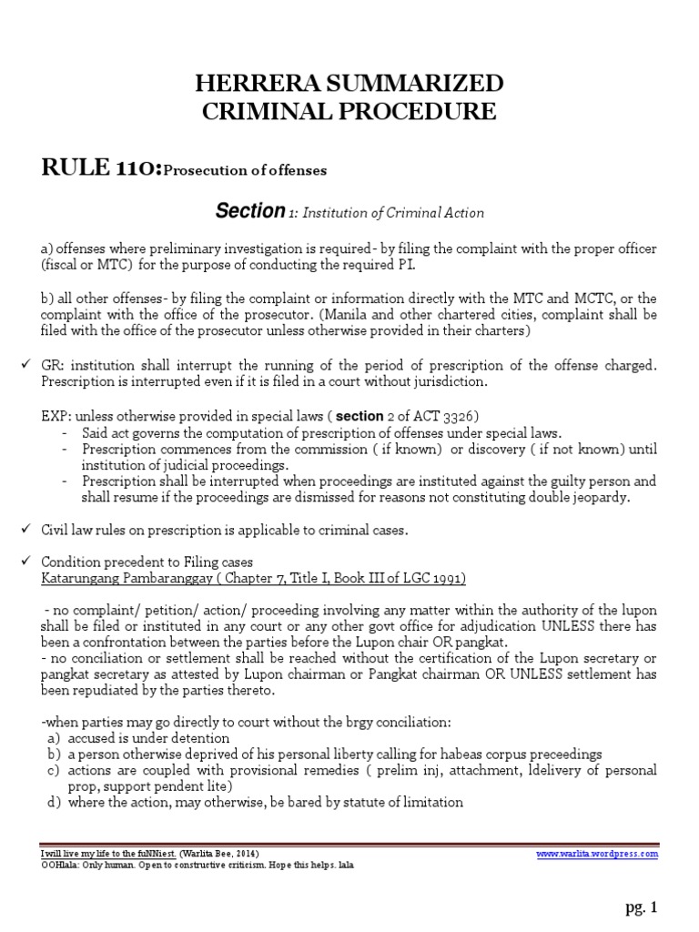 Herrera Summarized Criminal Procedure RULE 110:: Section | PDF ...