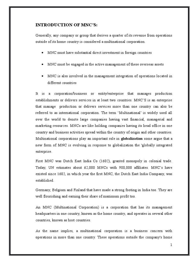 Introduction to Characteristics of Multinational Corporations (MNCs ...