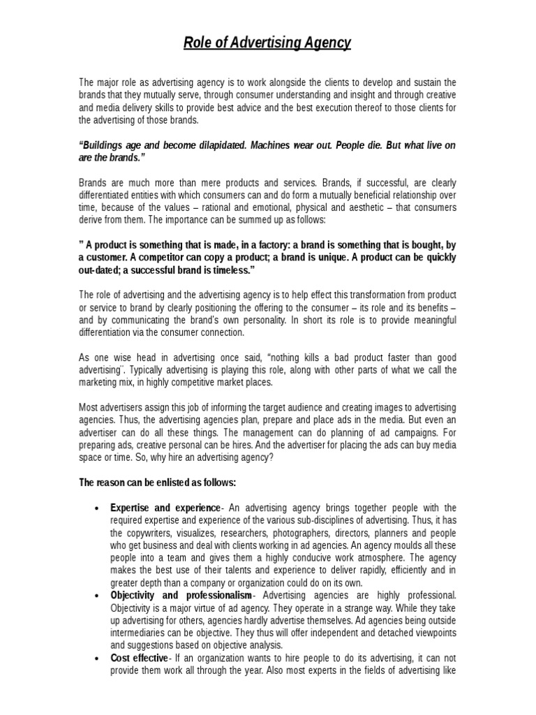 Role of Advertising Agency | PDF | Advertising | Brand