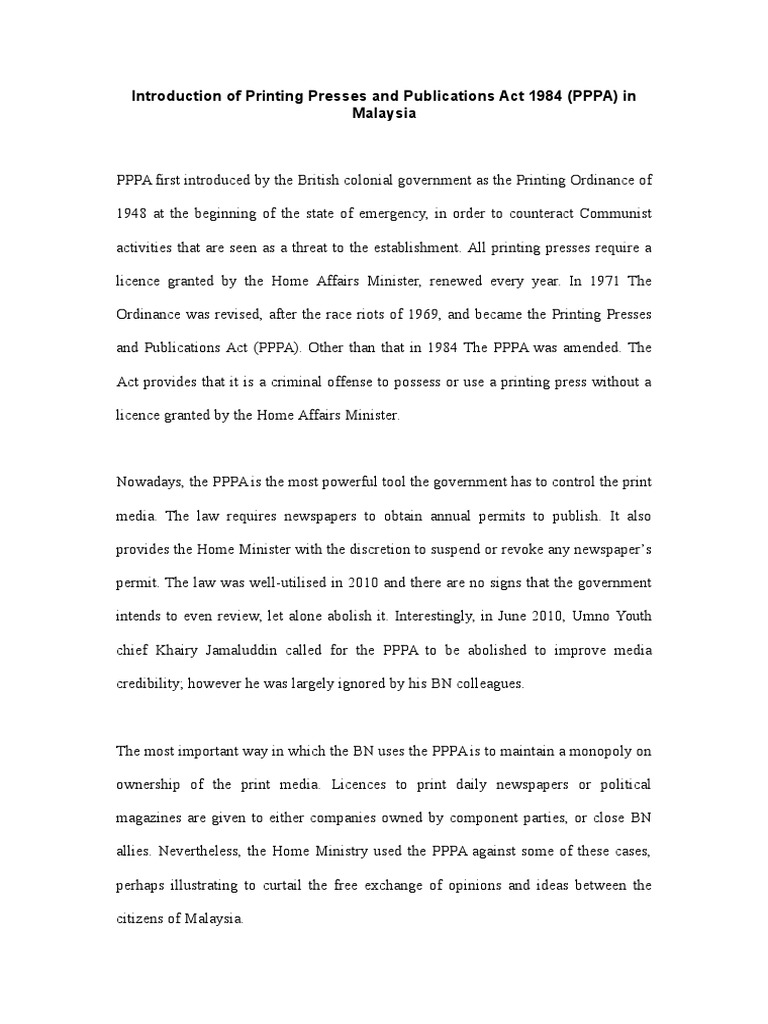 Introduction of Printing Presses and Publications Act 1984 | PDF ...
